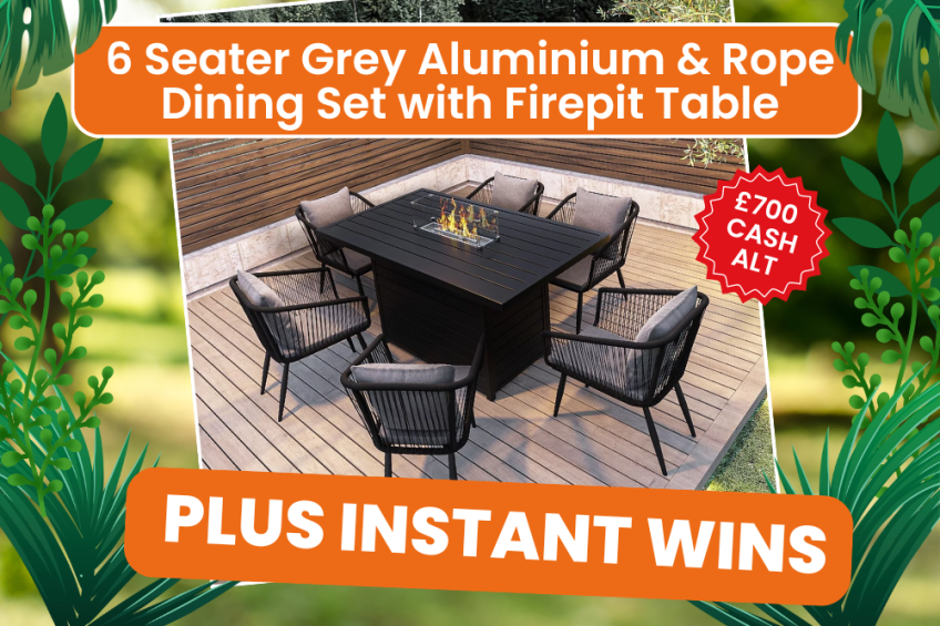 6 Seater Grey Aluminium & Rope Dining Set with Firepit Table + £500 ...